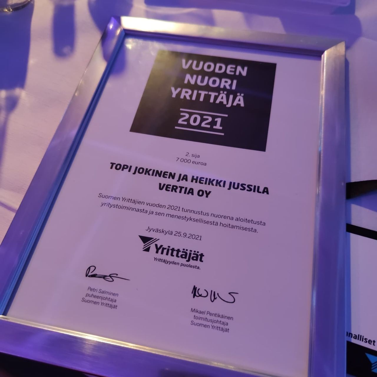 Vertia palkittiin Valtakunnallisilla yrittäjäpäivillä | Vertia.fi